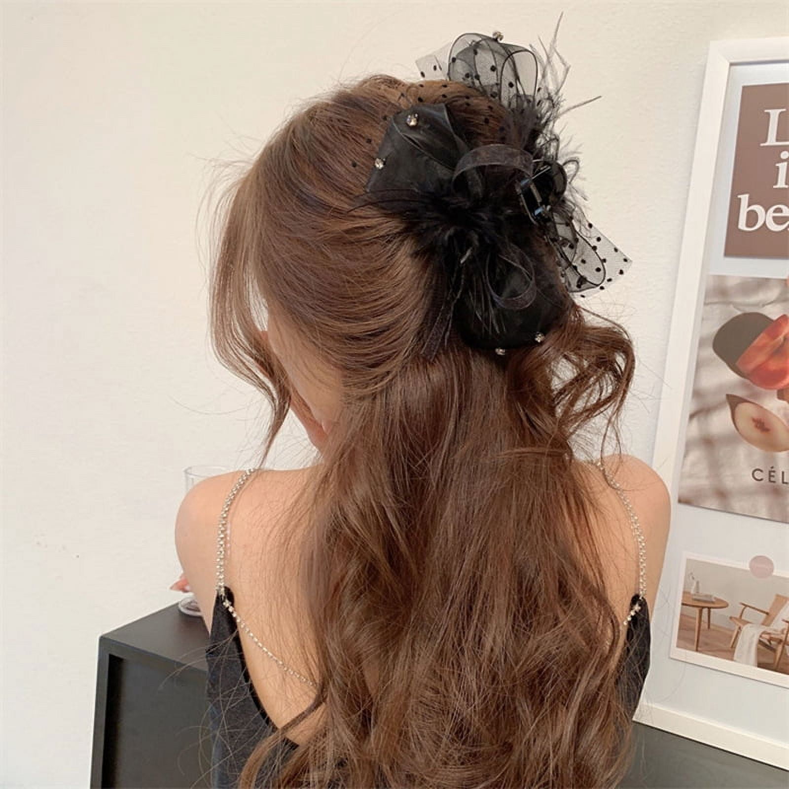 Fairy Organza black polka-dot bow hair grab large shark clip back head ...