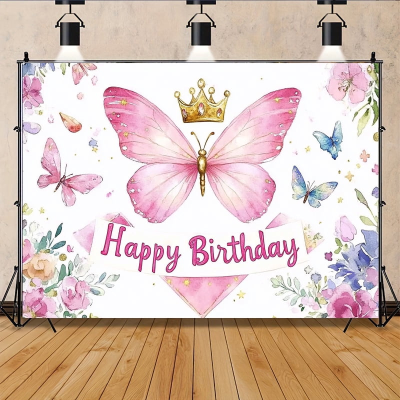 Fairy Princess Happy Birthday Backdrop – Pink Butterfly Rose Flower ...