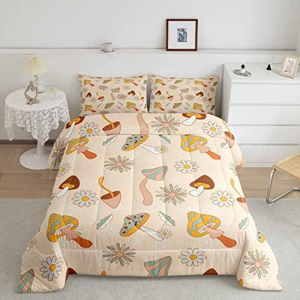 Fairy Retro Flowers Comforter Set Twin Size,70s Floral Mushroom Quilt ...
