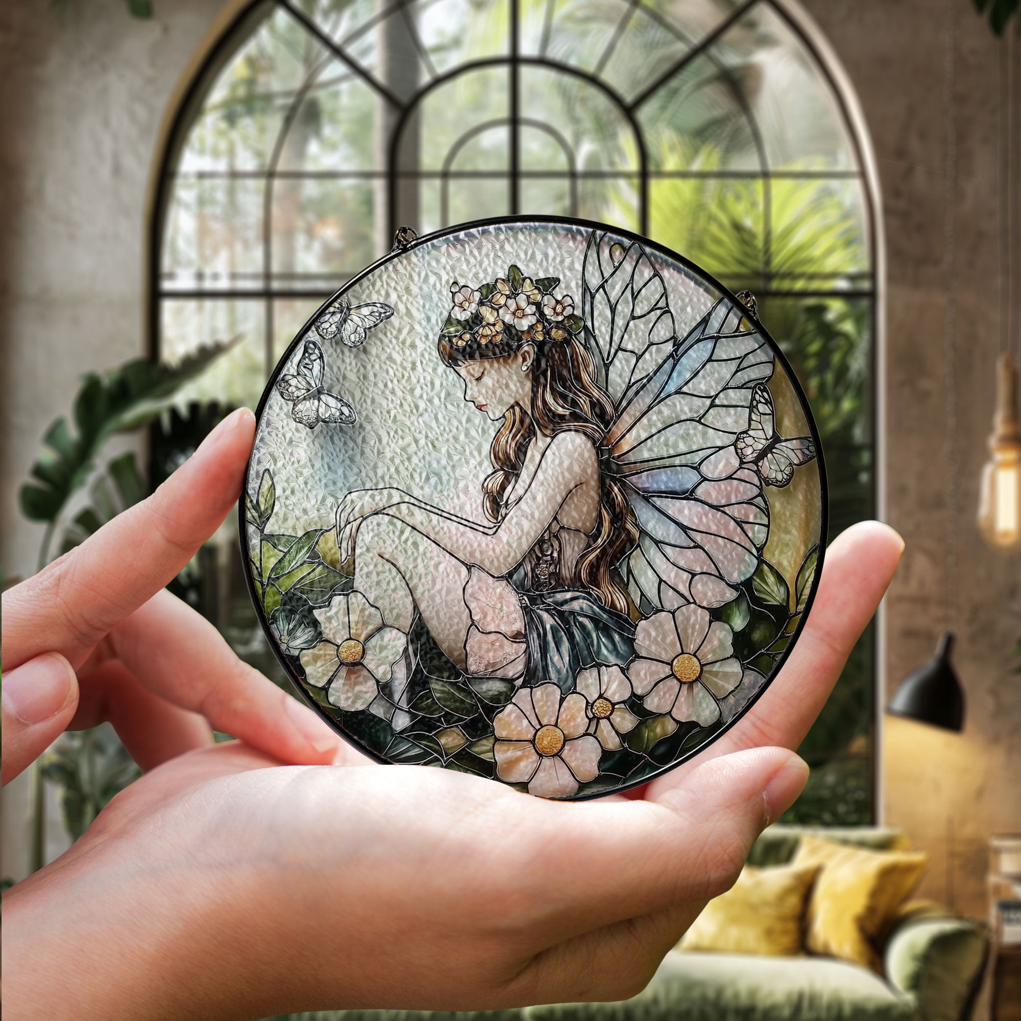 Fairy Sitting in Flowers 2D Flat Stained Glass Window Hanging ...