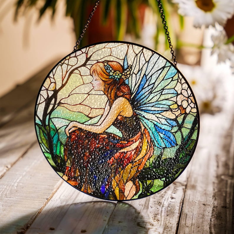 Fairy Stained Glass Sun Catcher Fairy LightCatcher Enchanted Forest ...