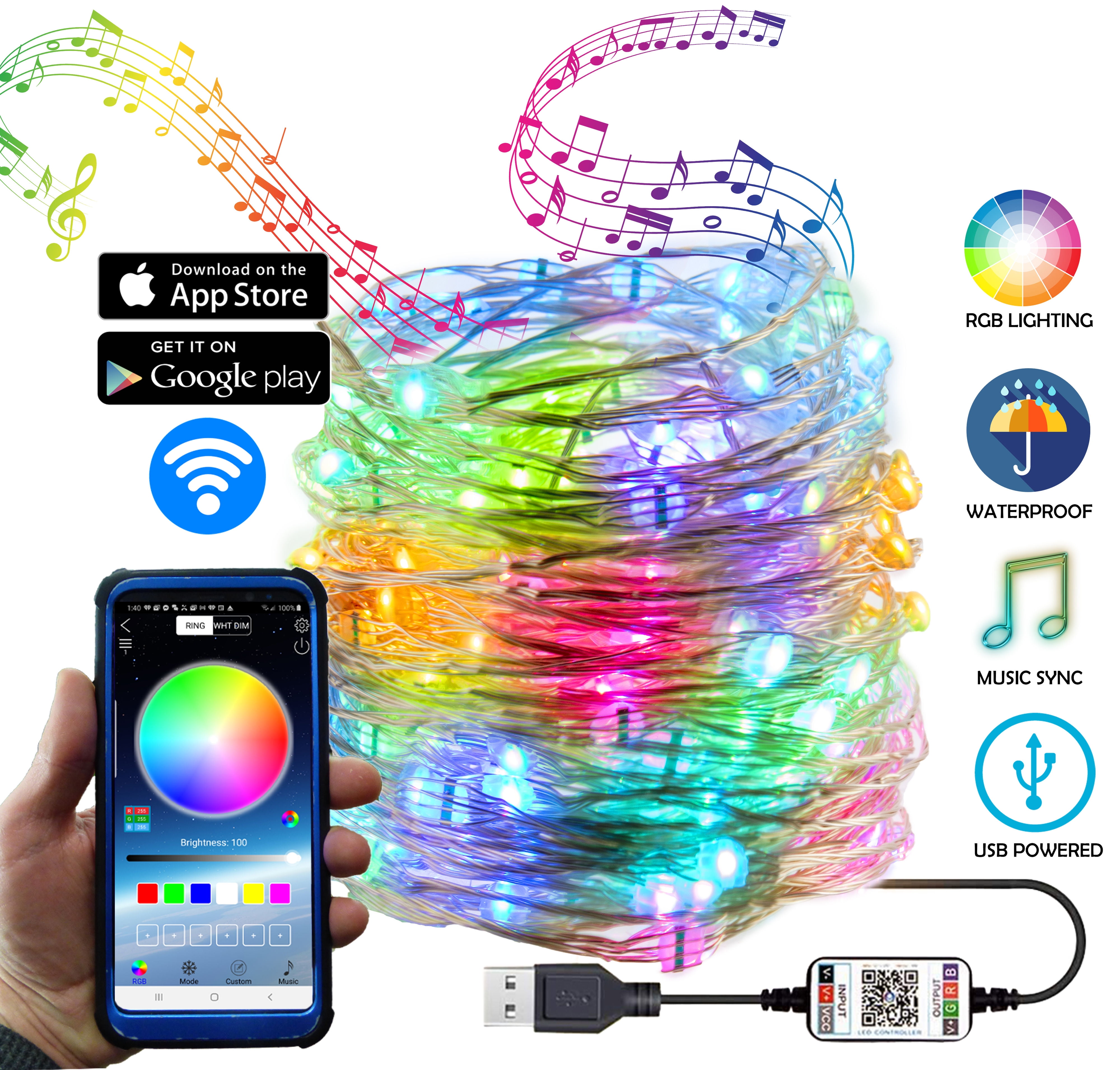 Fairy String Bluetooth RGB Indoor/Outdoor Waterproof USB Multi Color ...