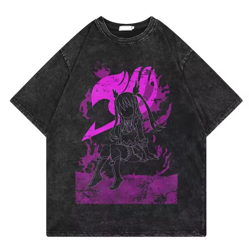 Fairy Tail Anime Washed T-Shirt for Men Women - Natsu Lucy Gray Vintage ...