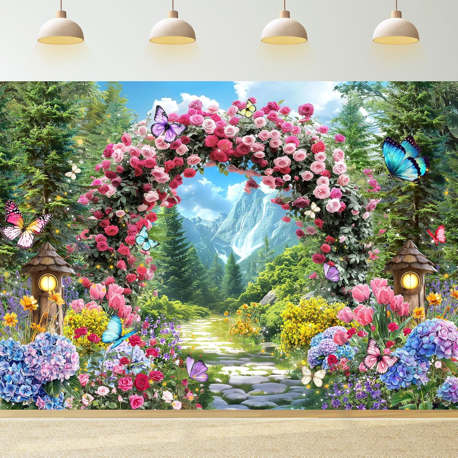 Fairy Tale Backdrop Green Enchanted Rainforest Mountain Pink Flower ...
