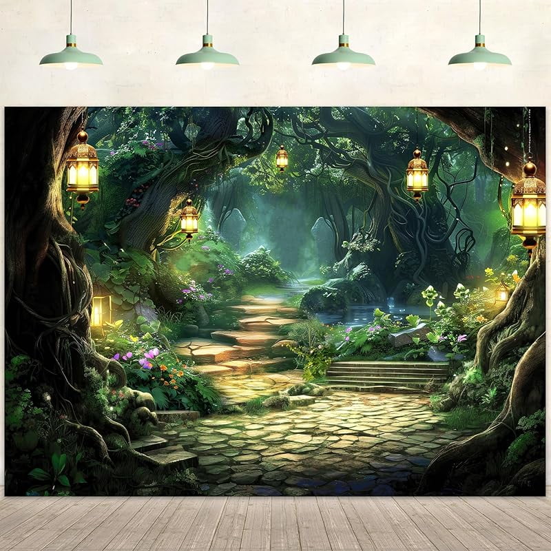 Fairy Tale Backdrop Green Enchanted Woodland Garden Tree Light Yellow ...