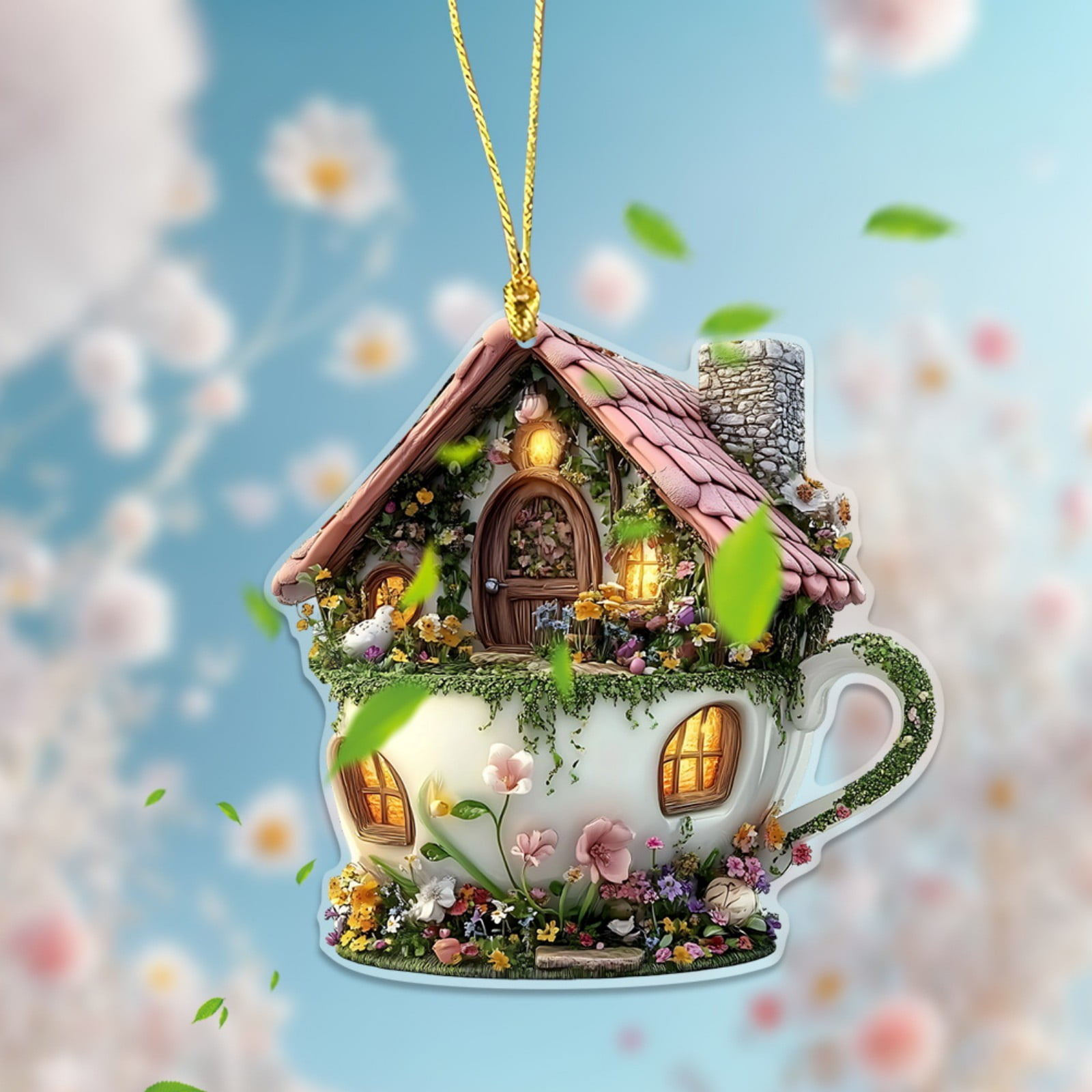 Fairy Tale Coffee Cup Cottage Key Chain Pendant | 2D Acrylic Whimsical ...