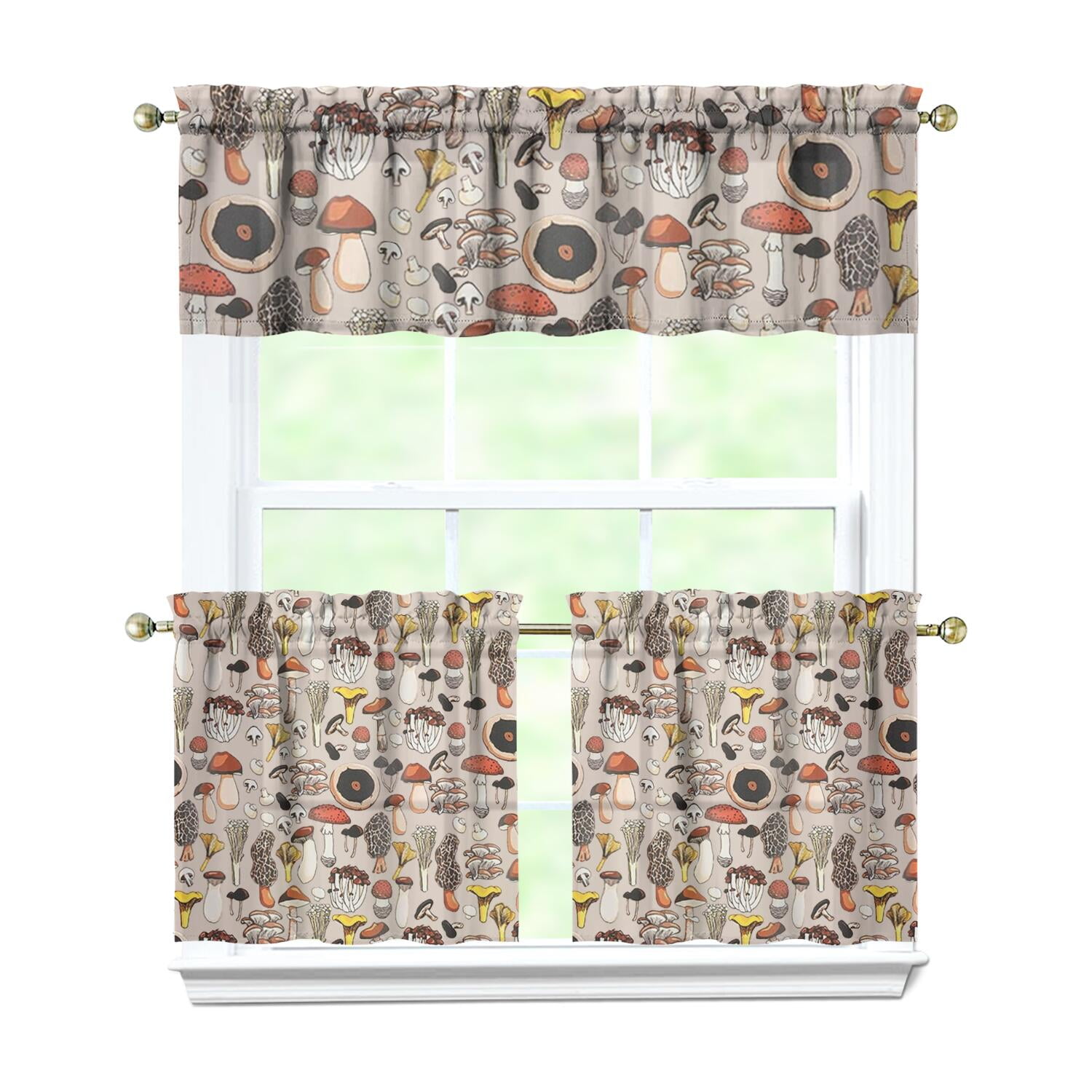 Fairy Tale Mushroom Kitchen Curtains Set - 3 PC Rod Pocket Drapes (54x18+2x27.5x24) - Boho ...
