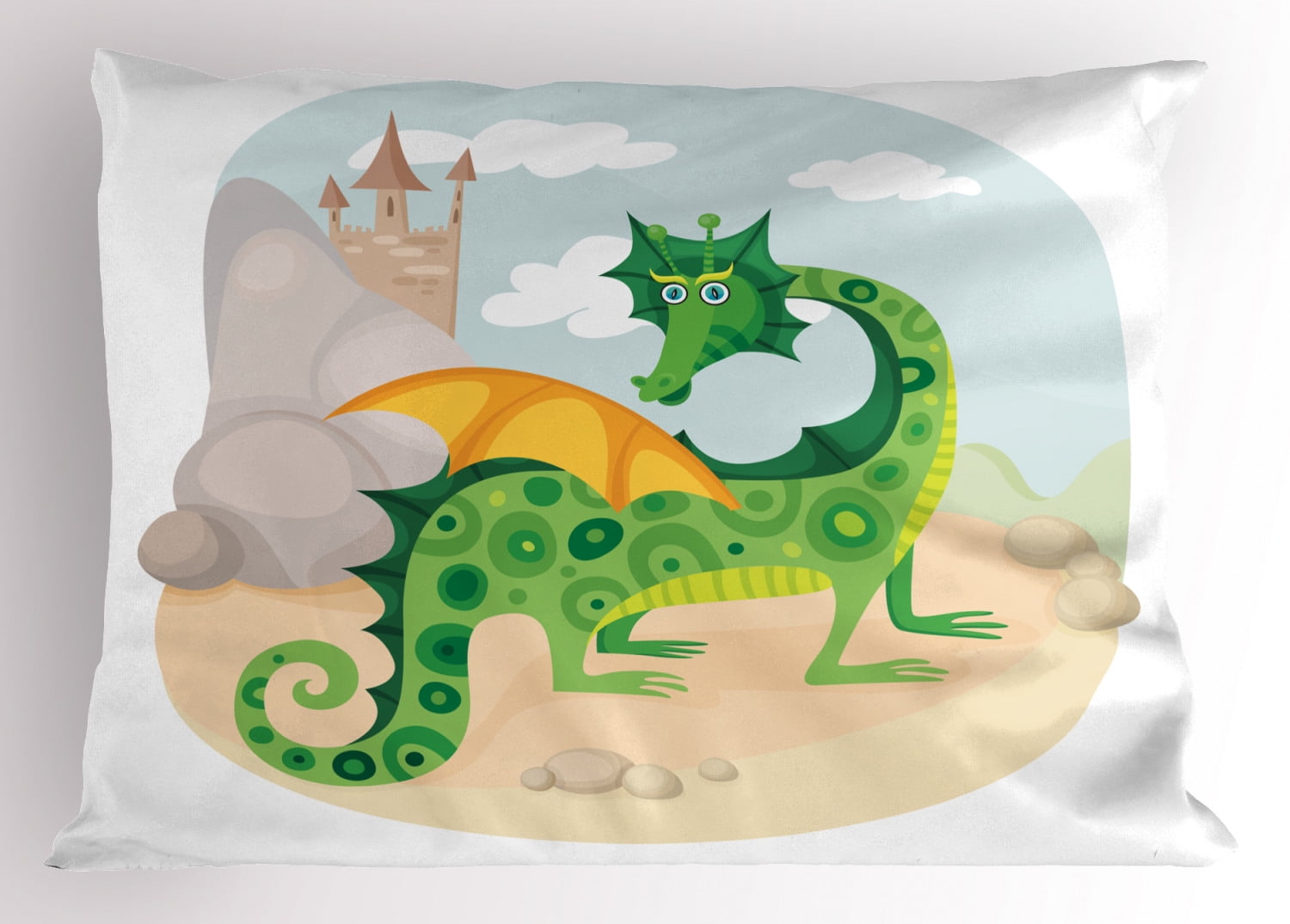 Fairy Tale Pillow Sham Goofy Dragon with Spotted Skin and Yellow Wings ...