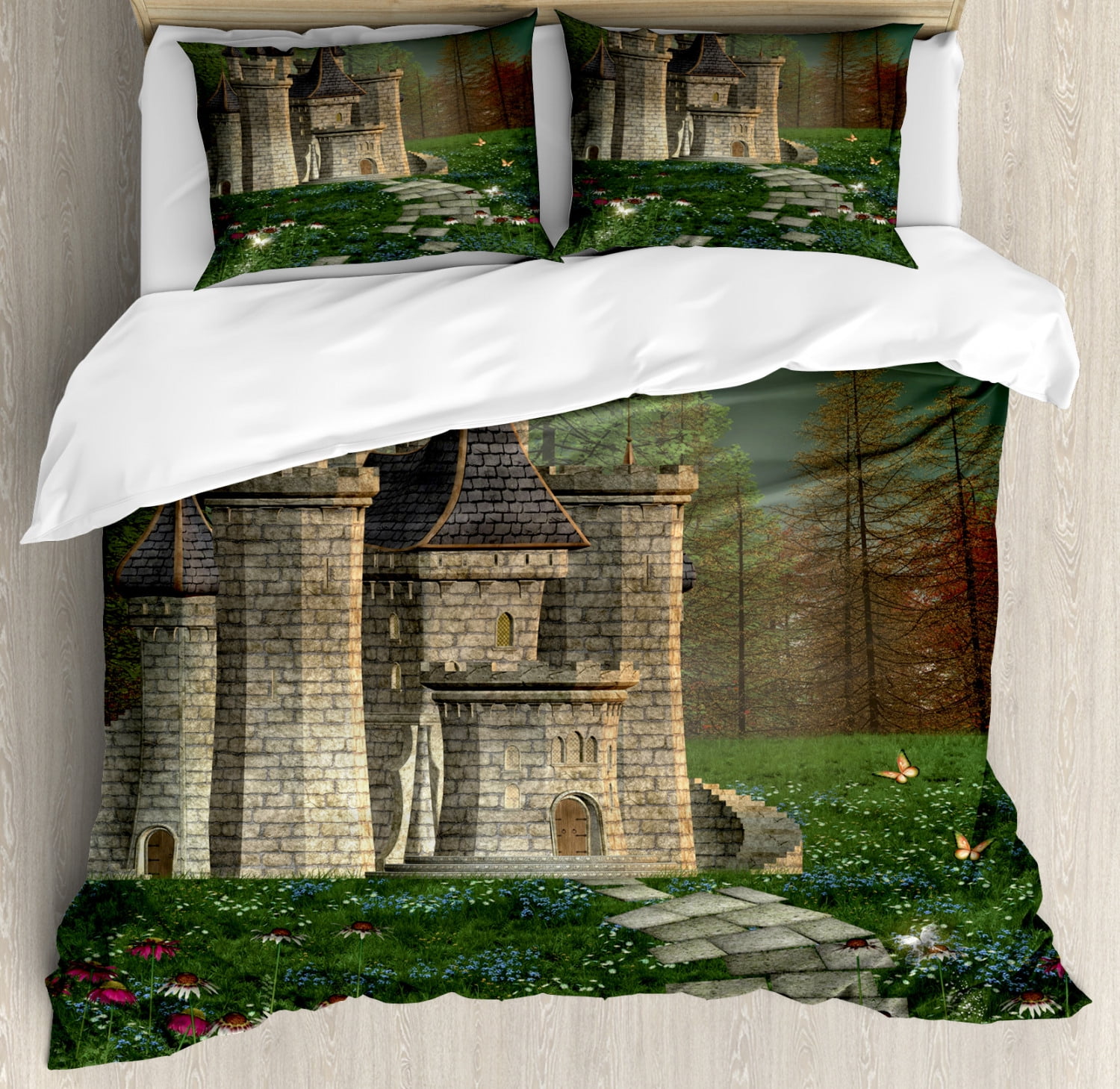 Fairy Tale Queen Size Duvet Cover Set, Fairy Castle Design with Curved ...