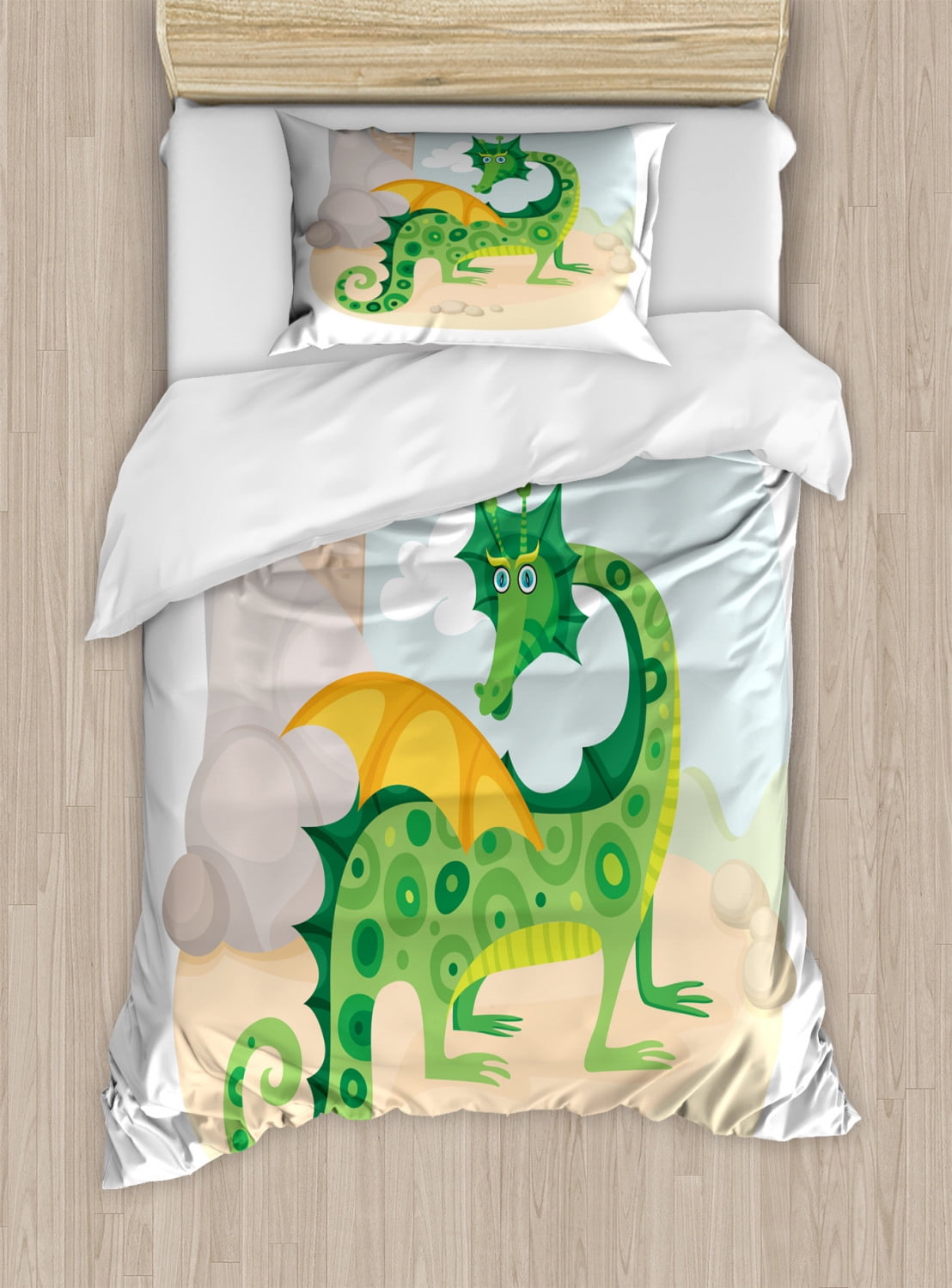 Fairy Tale Twin Size Duvet Cover Set, Goofy Dragon with Spotted Skin ...