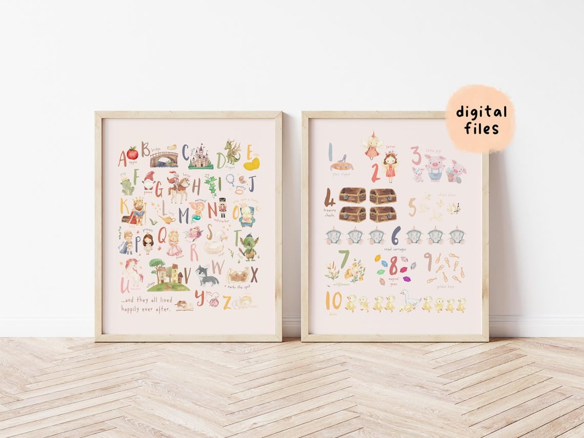 Fairy Tales Alphabets Numbers Pastel Watercolor Abc 1-10 Toddler Room Decor, Kids Childcare ...