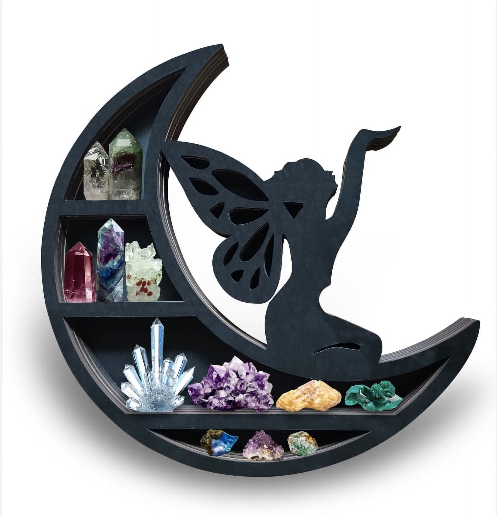 Jamo Homzi Fairy on The Moon Wooden Crystal Shelf, Rustic Crescent ...