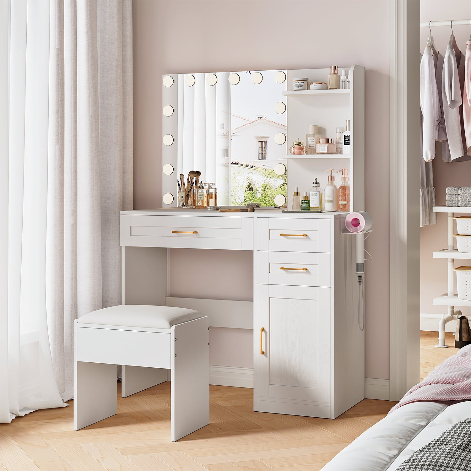 Fairy Vanity Dresser with Lighted Mirror, Power Outlet, Drawers ...