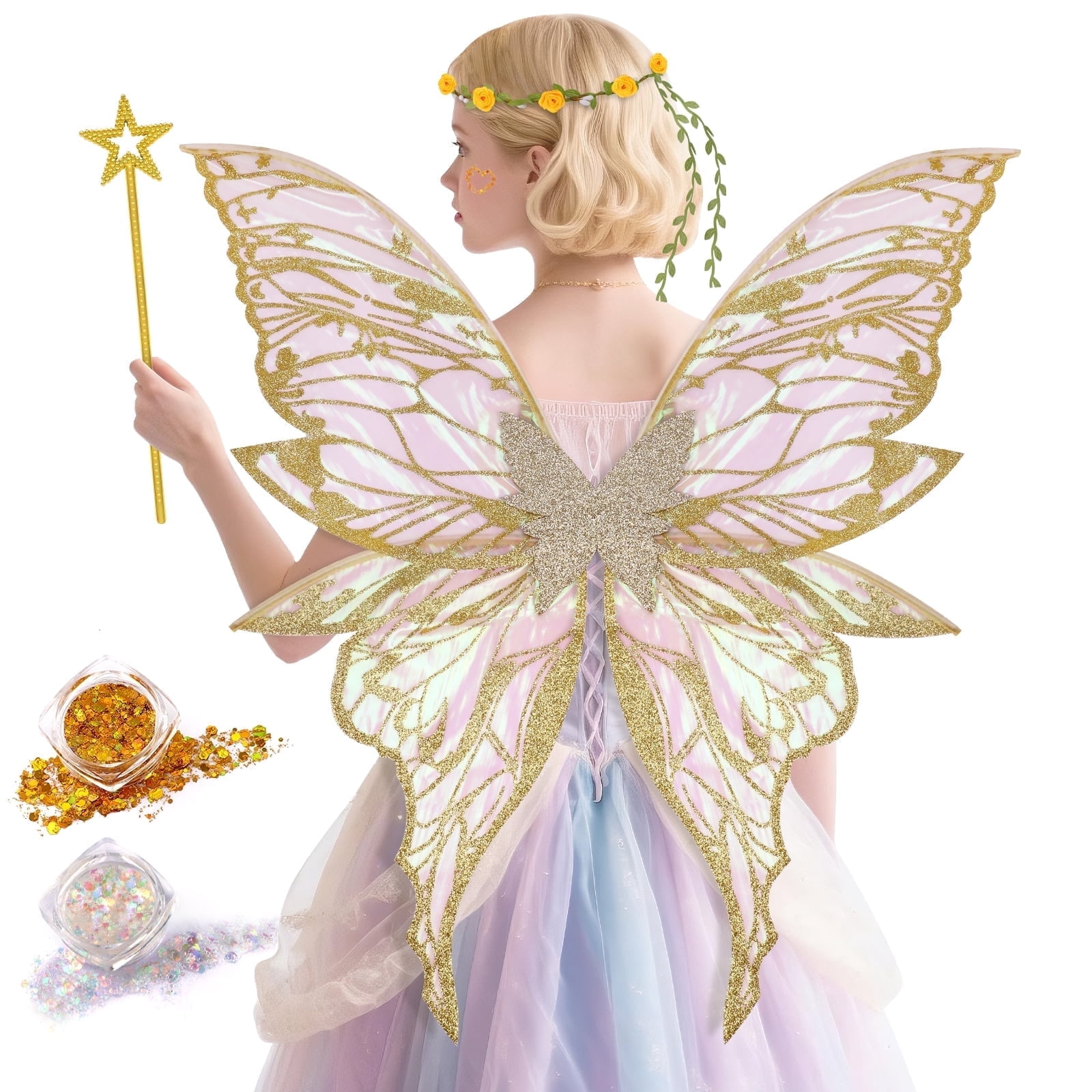WETRBWEH Fairy Wings for Adults and Girls, Gold Fairy Costume Set with ...