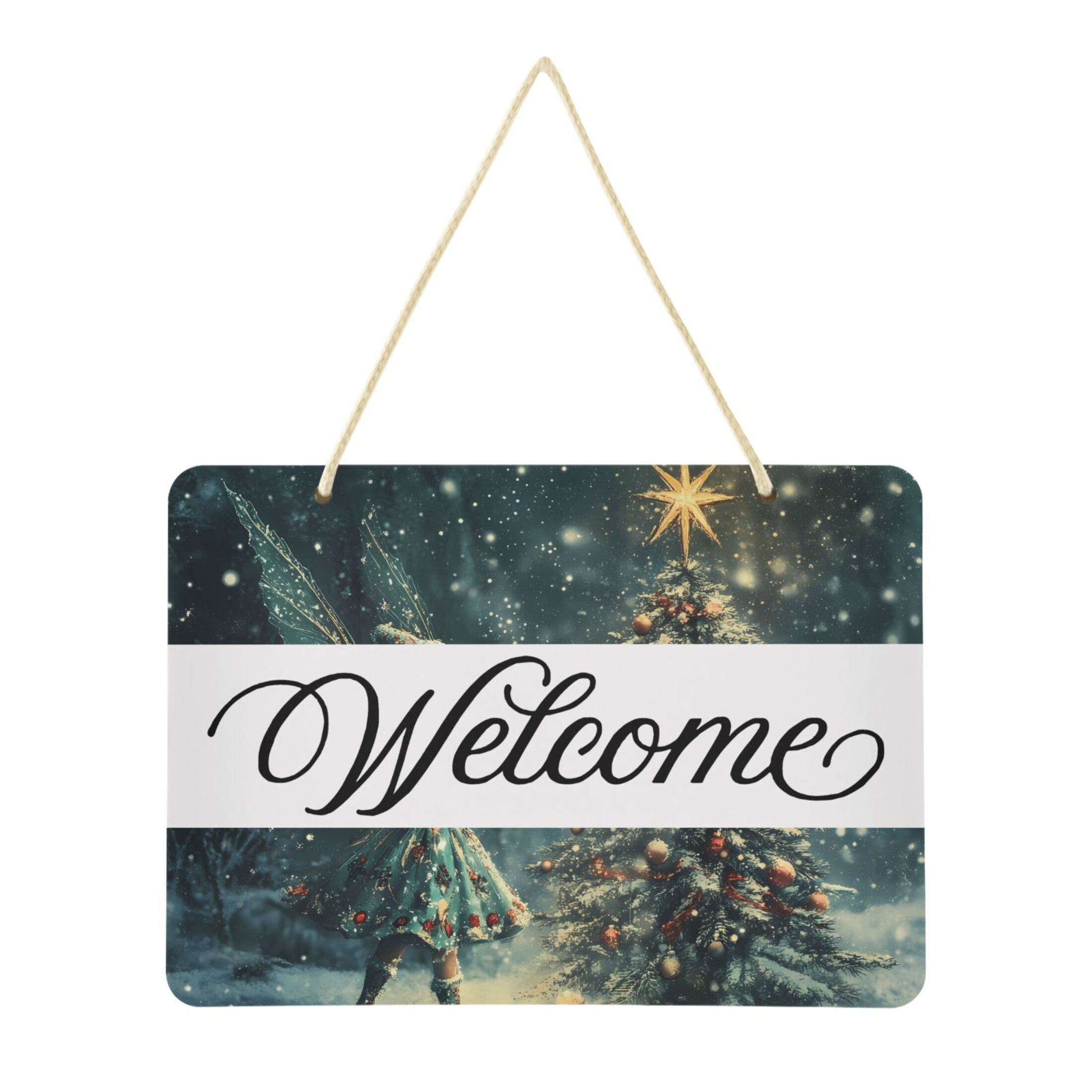 Fairy and Christmas Tree Welcome Sign Front Door PVC 14x10 inch Hanger ...
