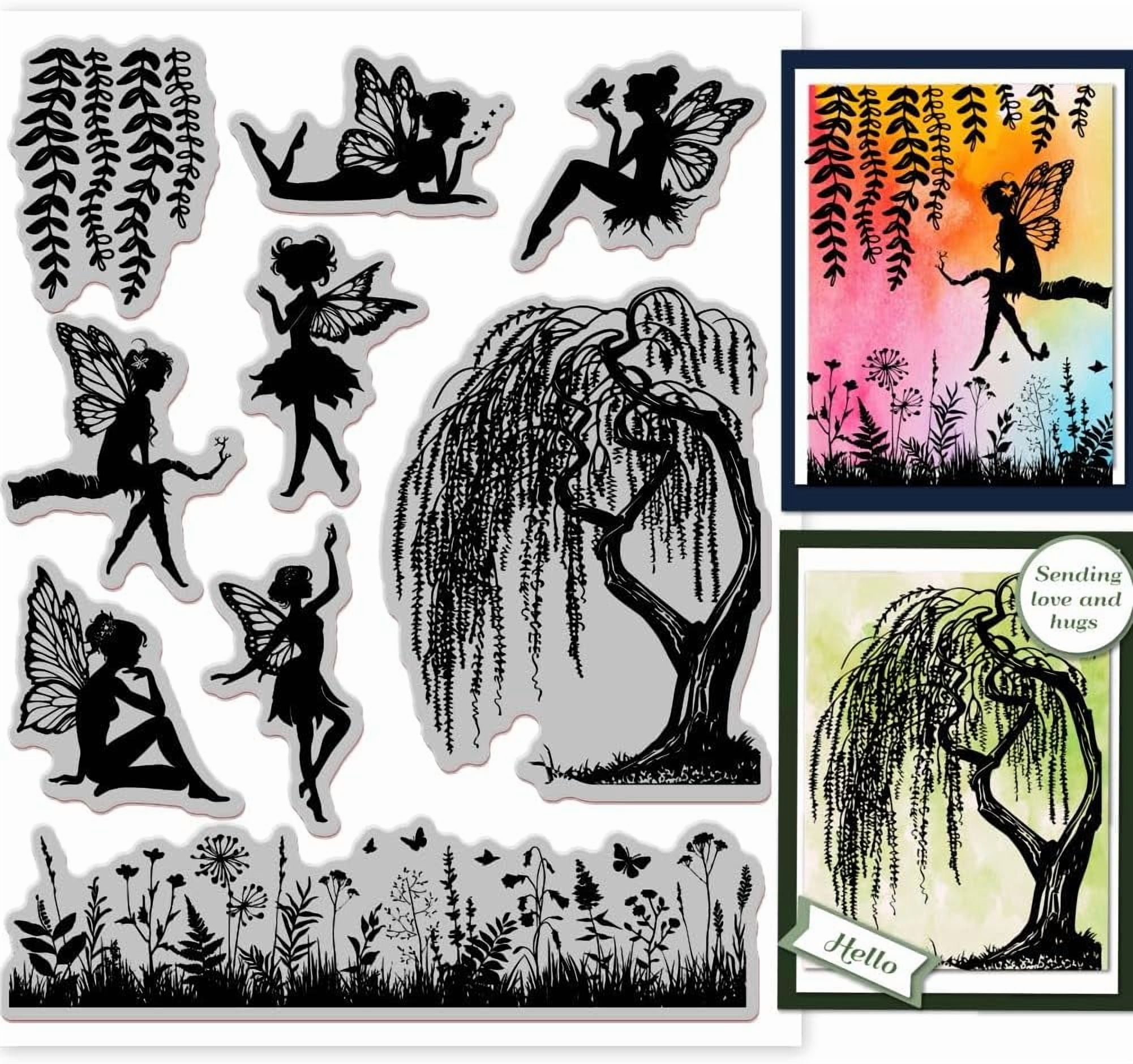 Fairy and Plant Silhouette Cling Rubber Stamp 7.09x8.66inch Butterfly ...