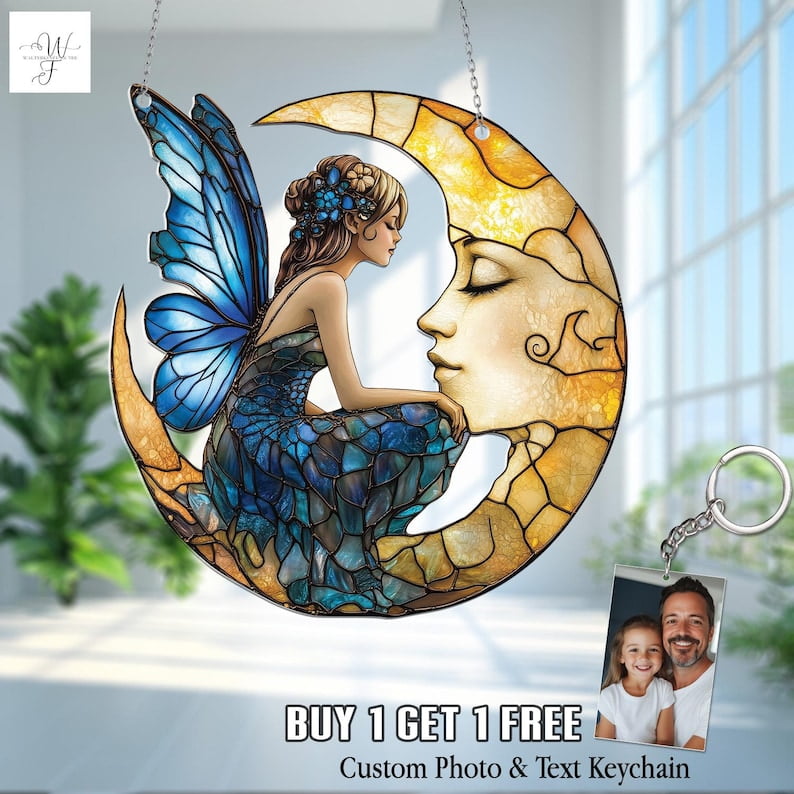 Fairy on Crescent Moon Acrylic Window Hanging , Butterfly and Moon ...
