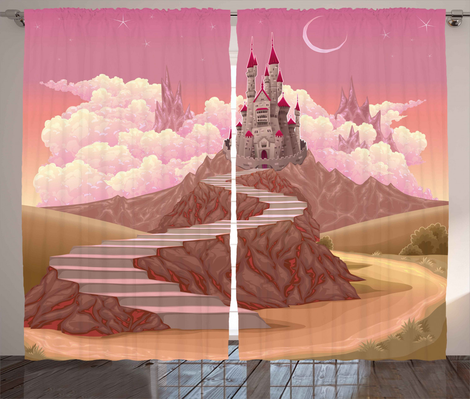 Ambesonne Tale Curtains 2 Panel Set, Hill Sunset Castle, 108" x 108 ...