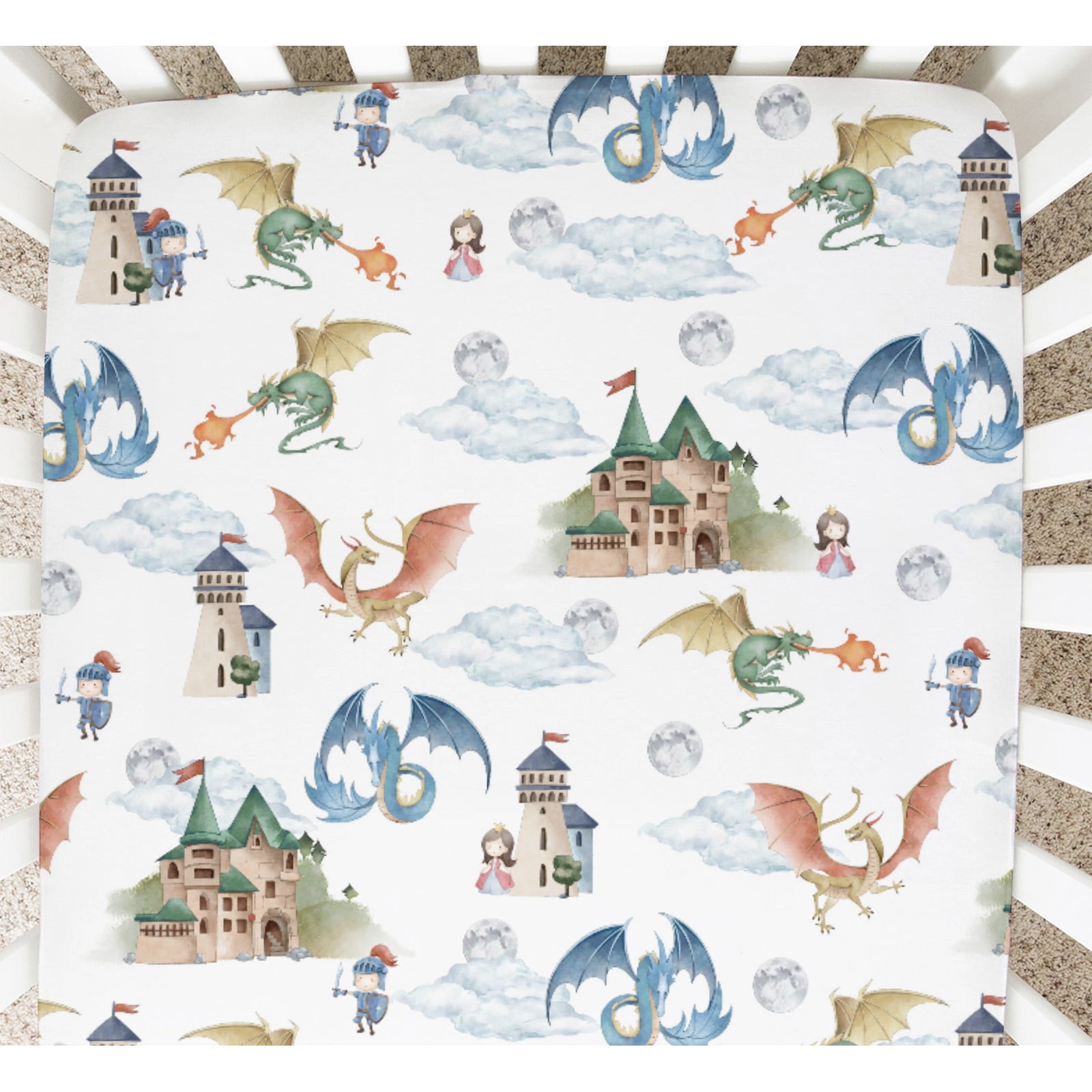 Fairytale Dragons Castle Baby Fitted Crib Sheet for Girl Boy Knights ...