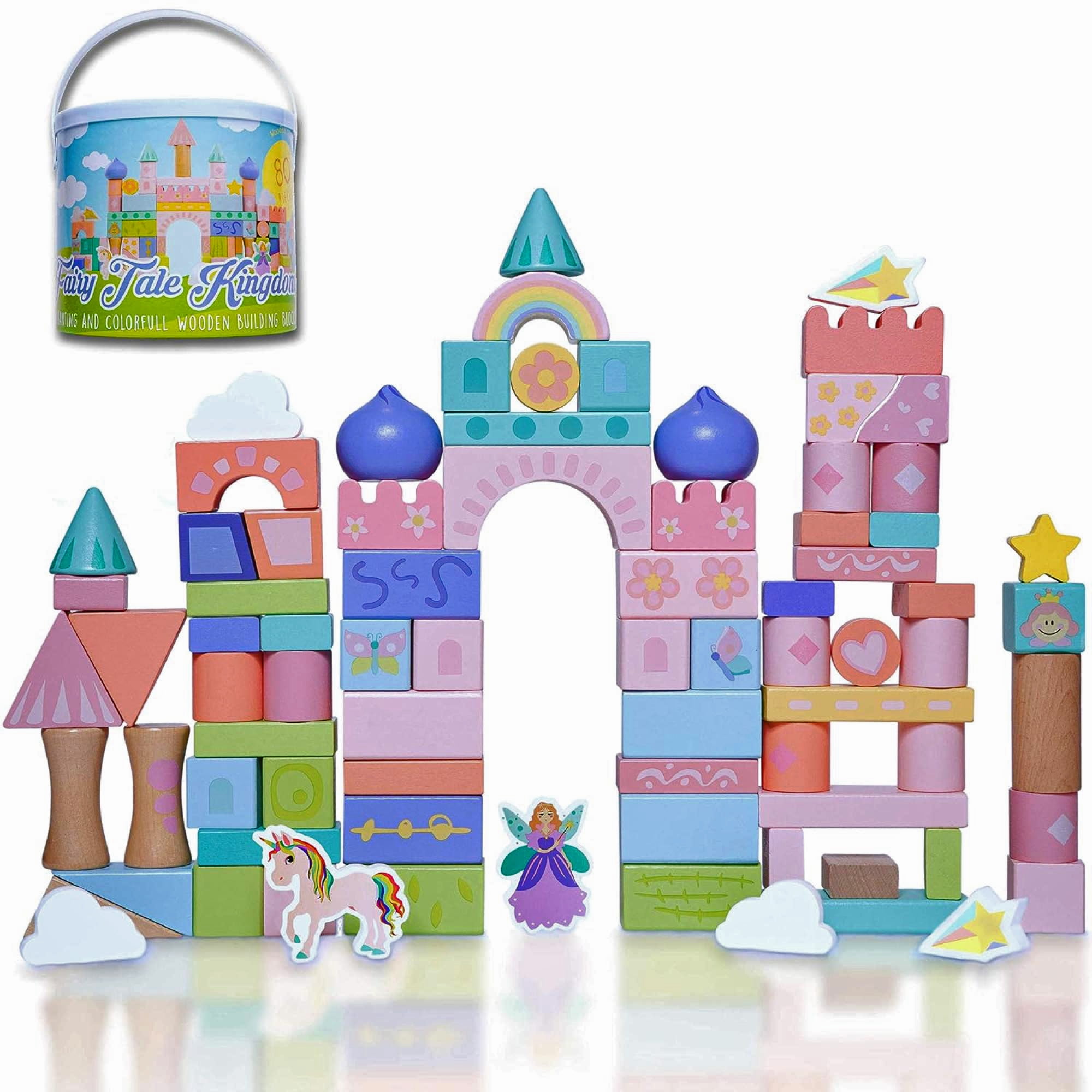 Fairytale Kingdom Wooden Building Blocks Set, 80-Piece Pastel Castle ...