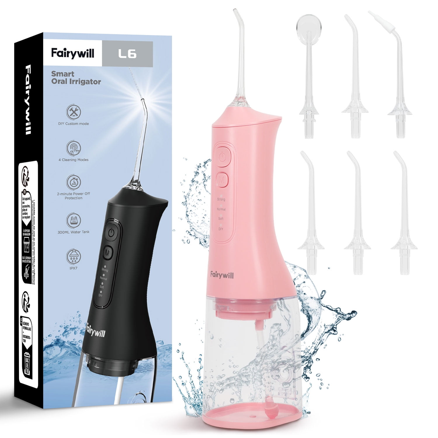 Fairywill Cordless Water Flosser, Dental Oral Irrigator 300ML Electric Teeth Cleaner, 4 Modes ...