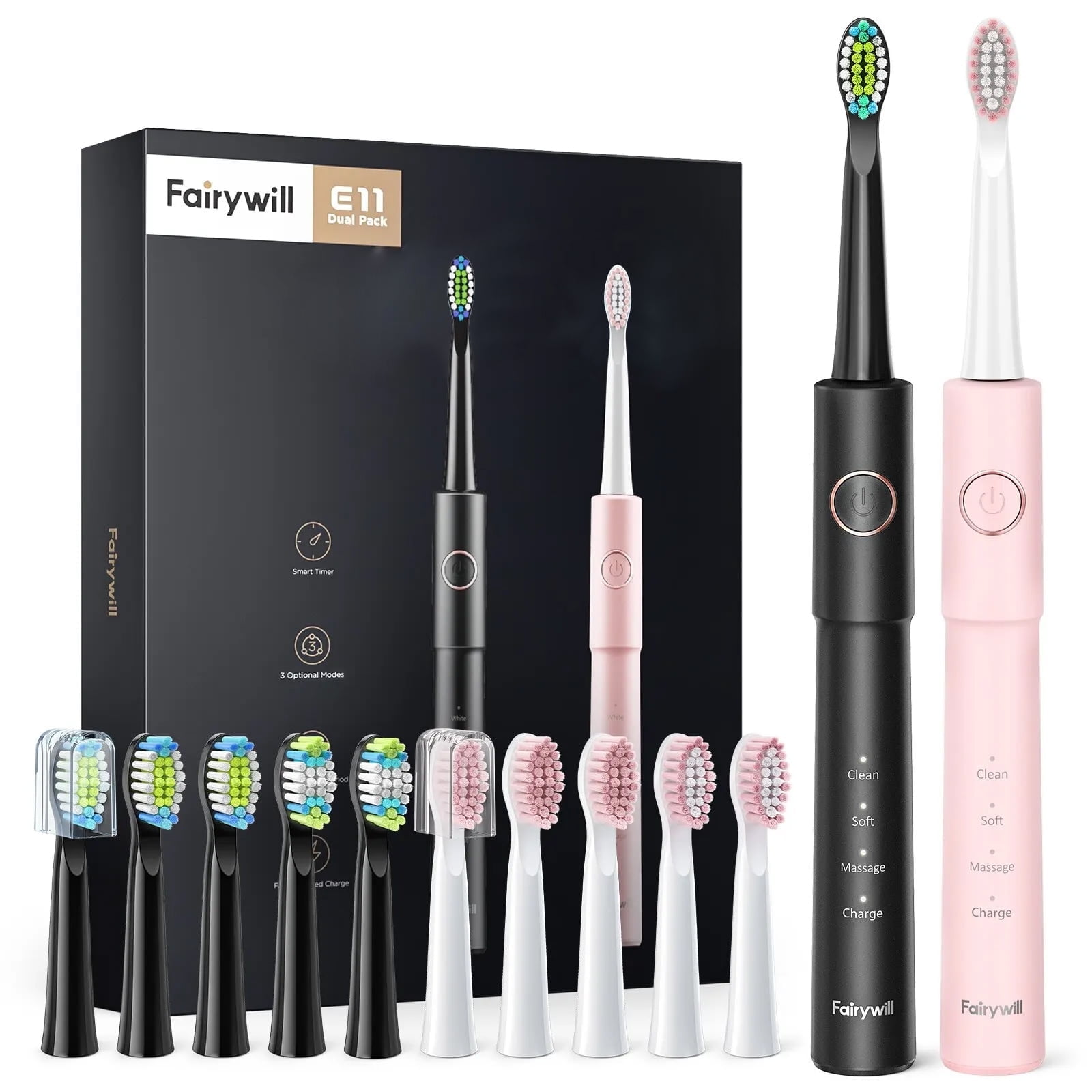 Fairywill Dual Ultrasonic Electric Toothbrushes with 5 Modes, Ultra ...