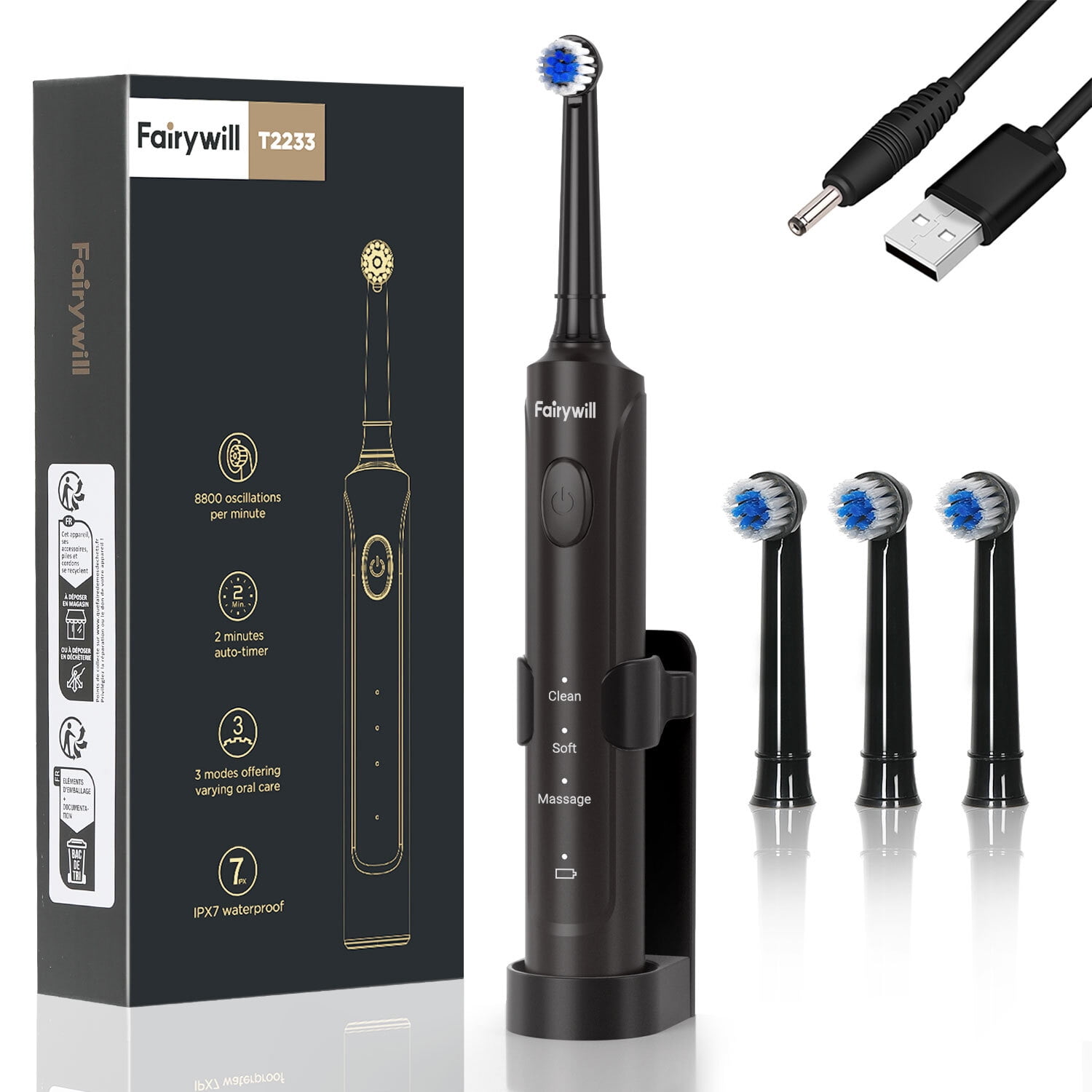 Fairywill Rotating Electric Toothbrush for Adults, Rechargeable Spin ...