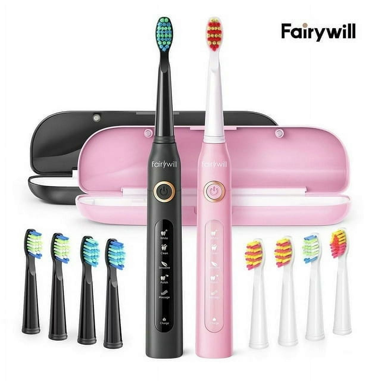 Fairywill Ultrasonic Toothbrush, 5 Modes, Dual Pack, 8 Heads, 2 Cases ...