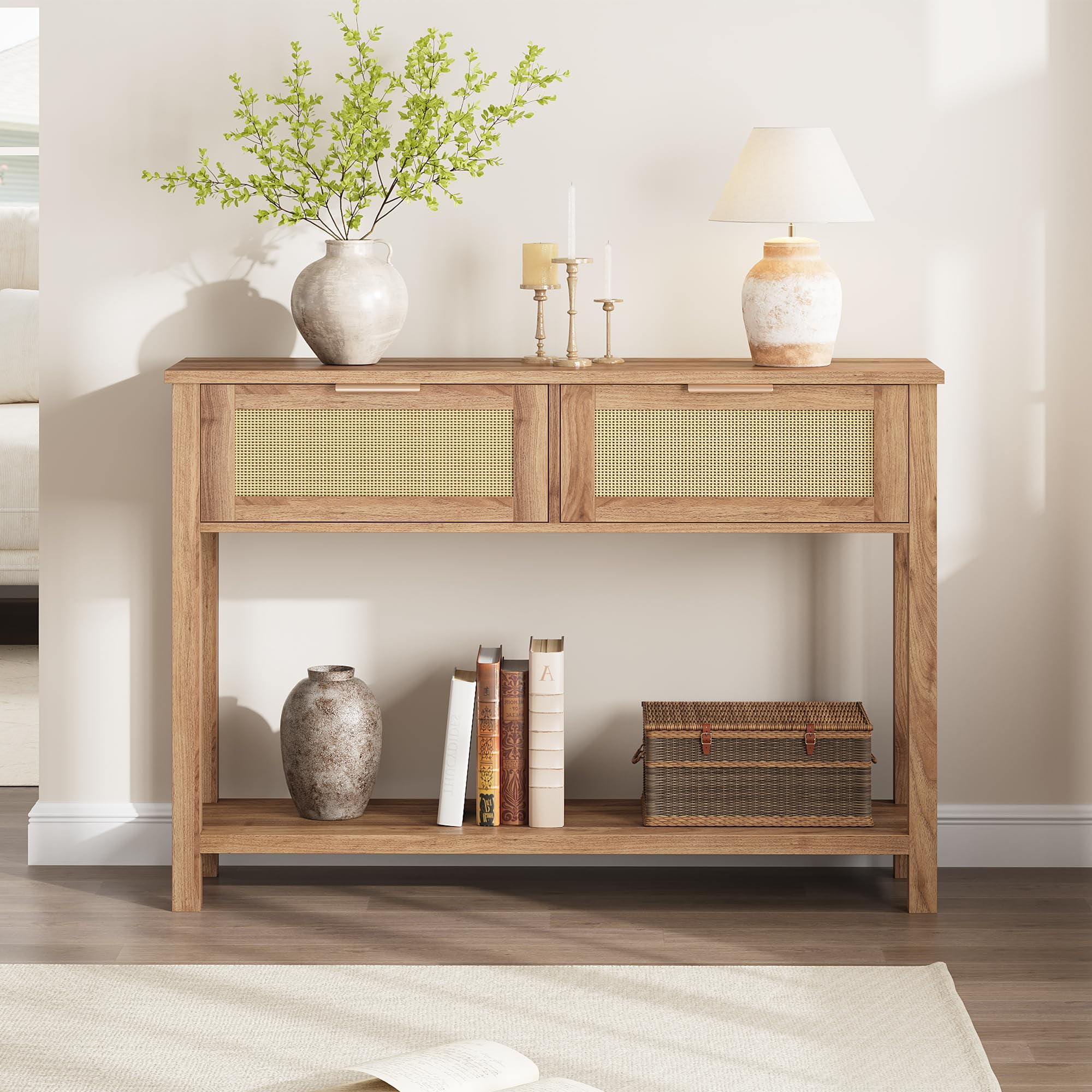 Faitaliicy 2-Tier Rattan Entryway Table Console Table With 2 Storage ...