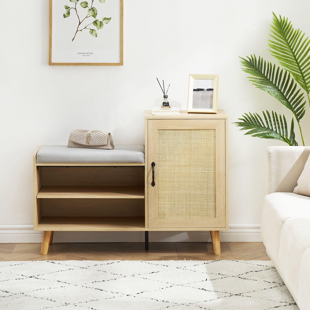 Faitaliicy 2-in-1 Shoe Storage Bench Natural Rattan Shoe Cabinet Wooden ...