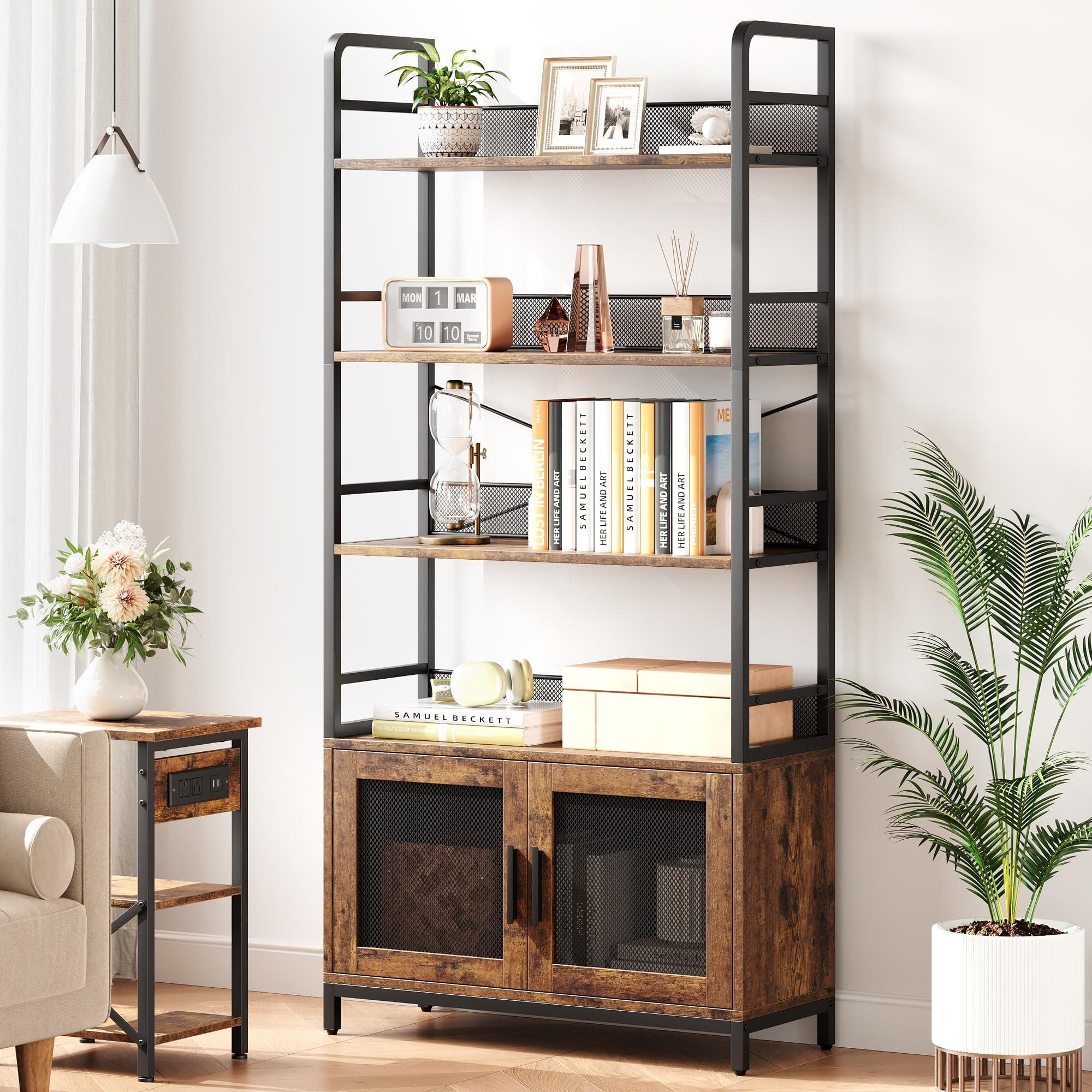 Faitaliicy 4 Tier Bookcase Tall Bookshelf With Iron Mesh Door ...