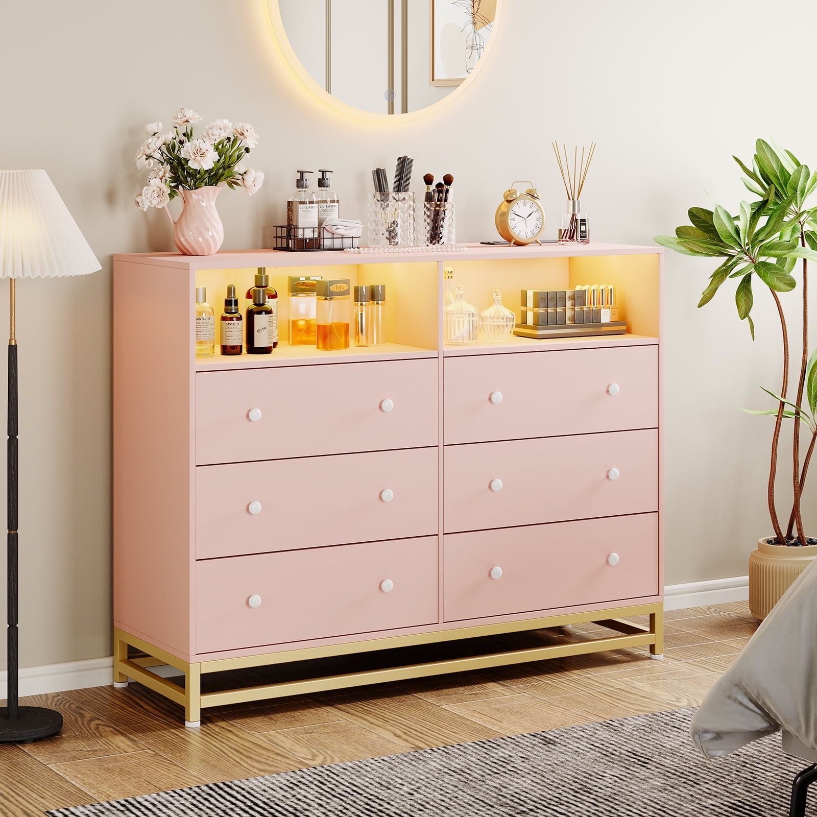 Faitaliicy 6 Drawer Double Dresser TV Stand With Power Outlet & LED ...