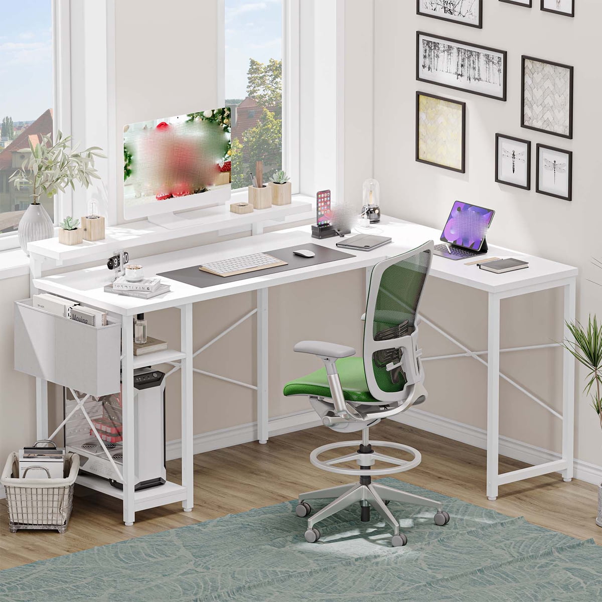 Faitaliicy L Shaped Computer Gaming Desk With Power Outlet & LED Light ...