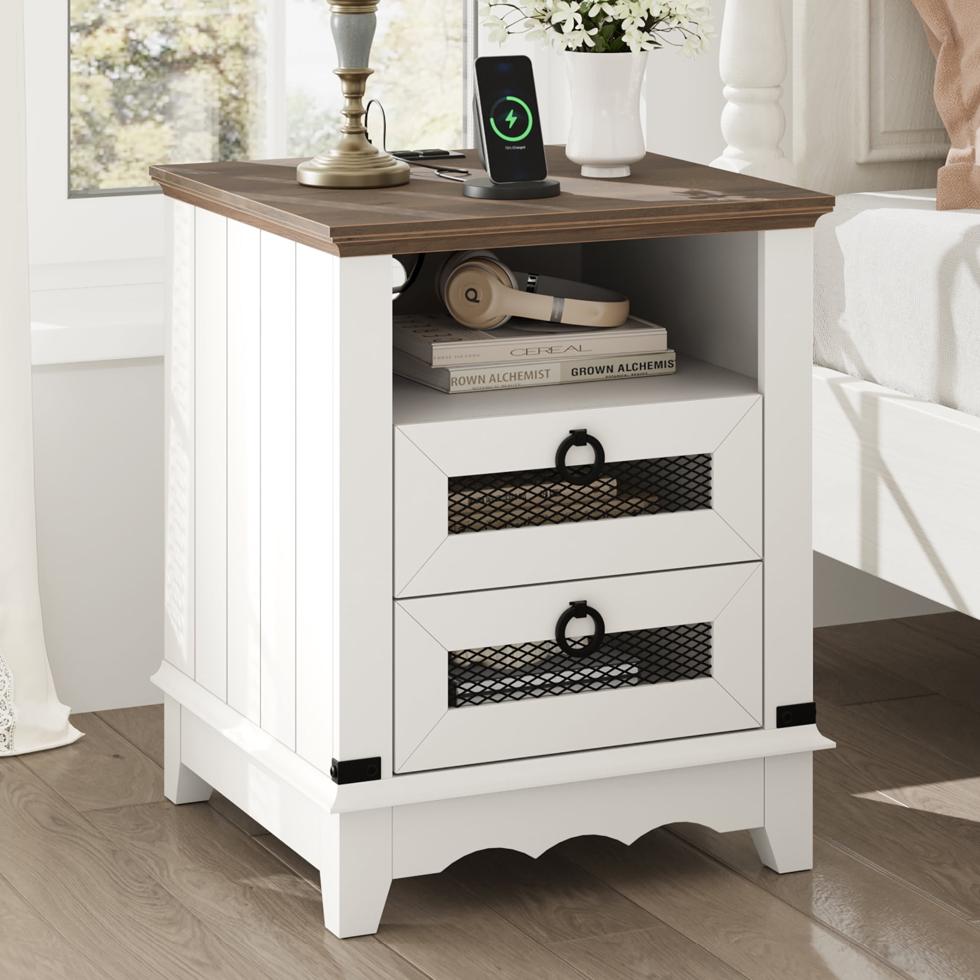 Faitaliicy Nightstand End Table Farmhouse Bed Side Table With Charging ...