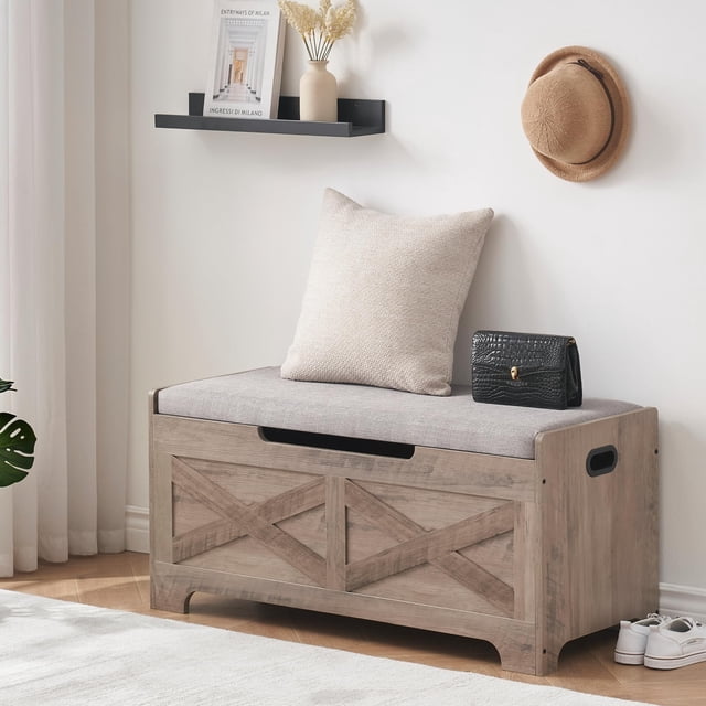 Faitaliicy Storage Chest Farmhouse Storage Bench With Cushion Wooden ...