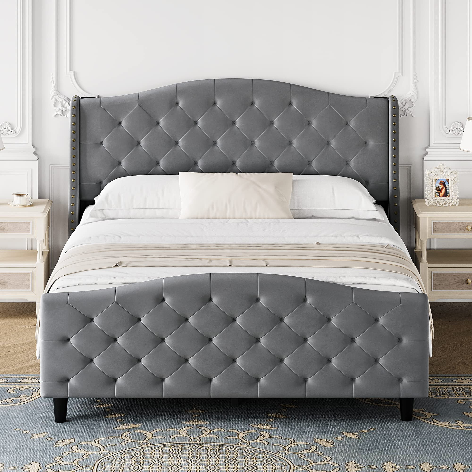Faitaliicy Velvet Platform Bed Raised Wing Back Headboard,Bed Frame ...
