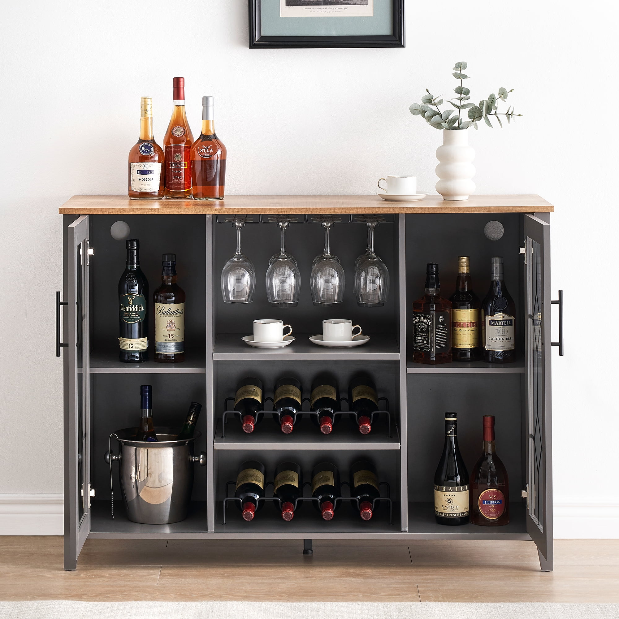Faitaliicy Wine Bar Cabinet With Led Light Wine And Glass Rack Kitchen ...