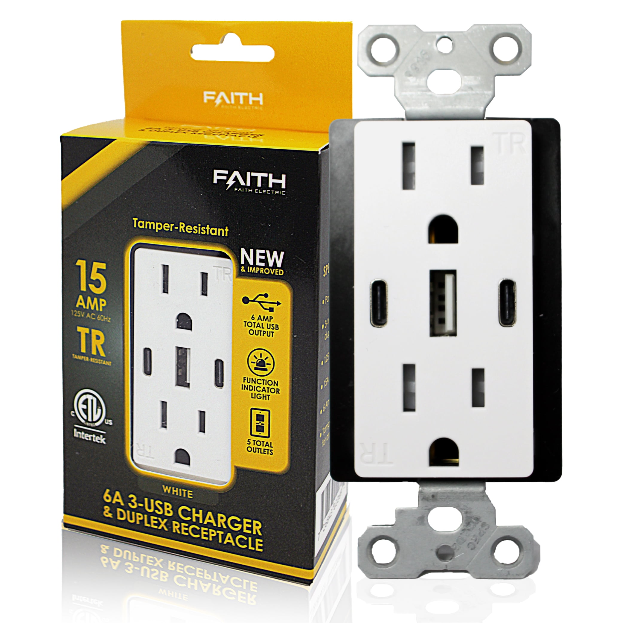 Faith 15A/120V White USB Receptacle Outlet TR with 2 Type C, 1 Type A ...