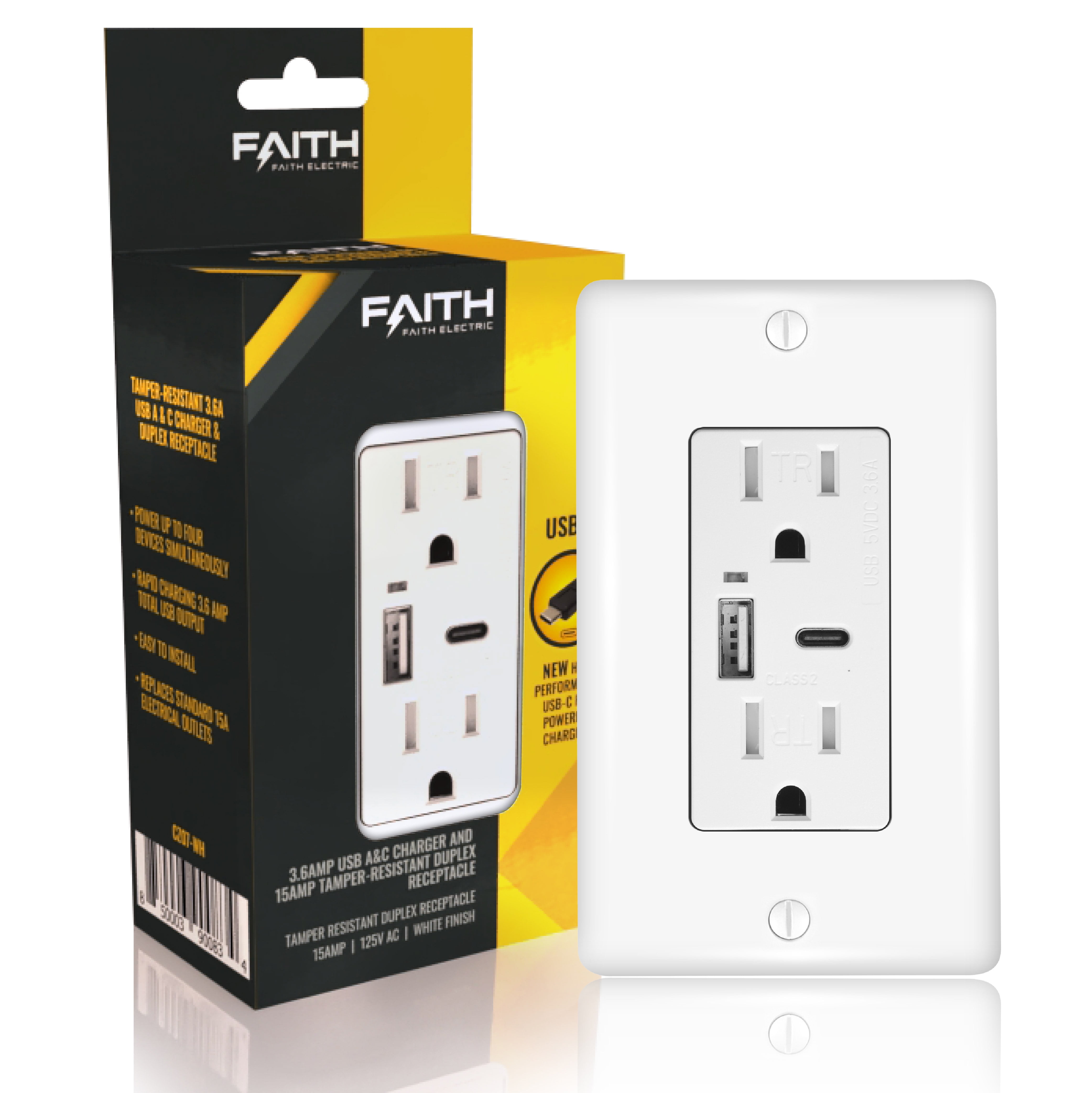 Faith 15A/125V Combination Electrical Outlet with 3.6A/5V USB-A and USB ...