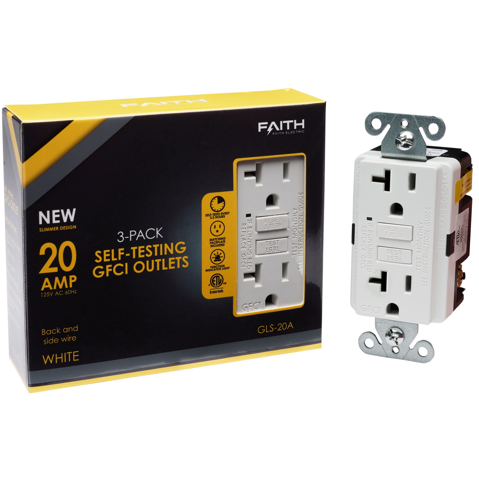 Faith 20A GFCI Outlets, Slim, GFI Receptacles, White, 3 Pack - Walmart.com