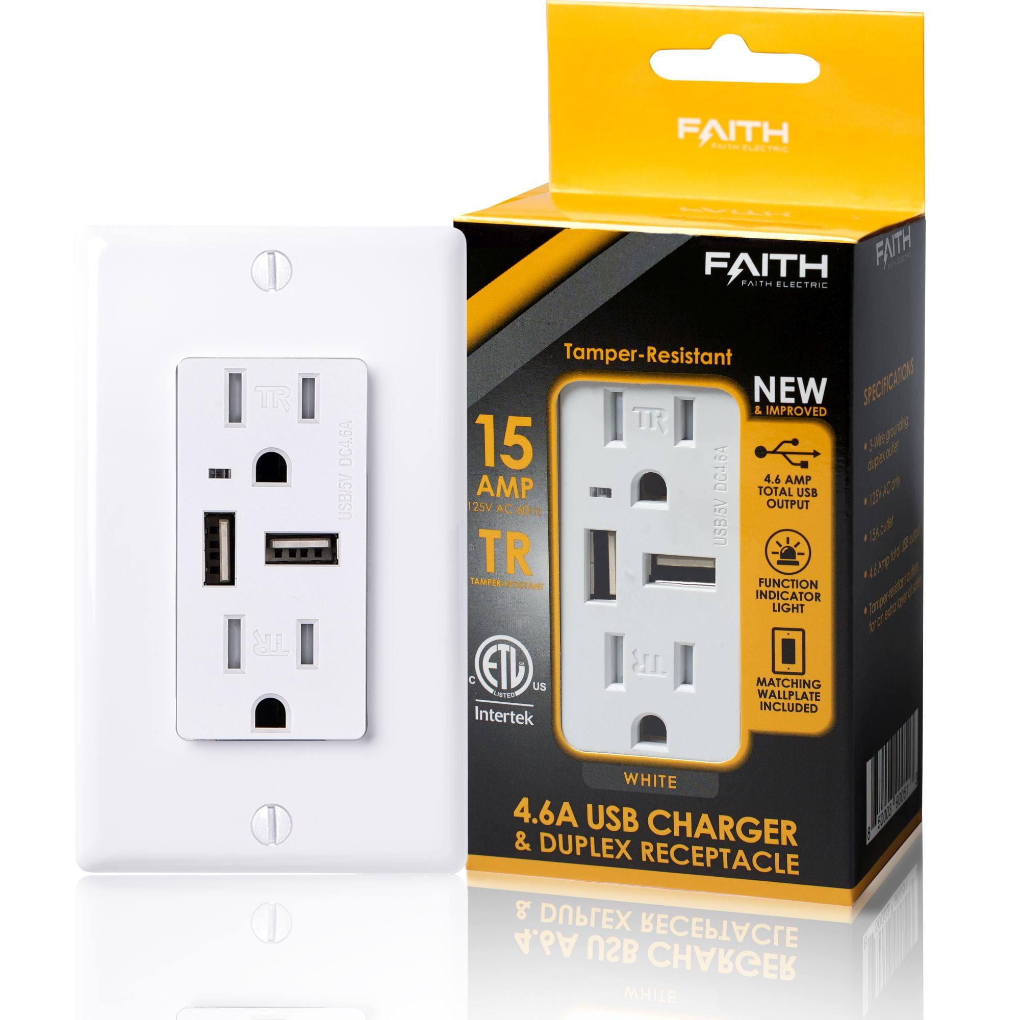 Faith 4.6A White USB Wall Outlet, 15A Tamper-Resistant Receptacles with ...