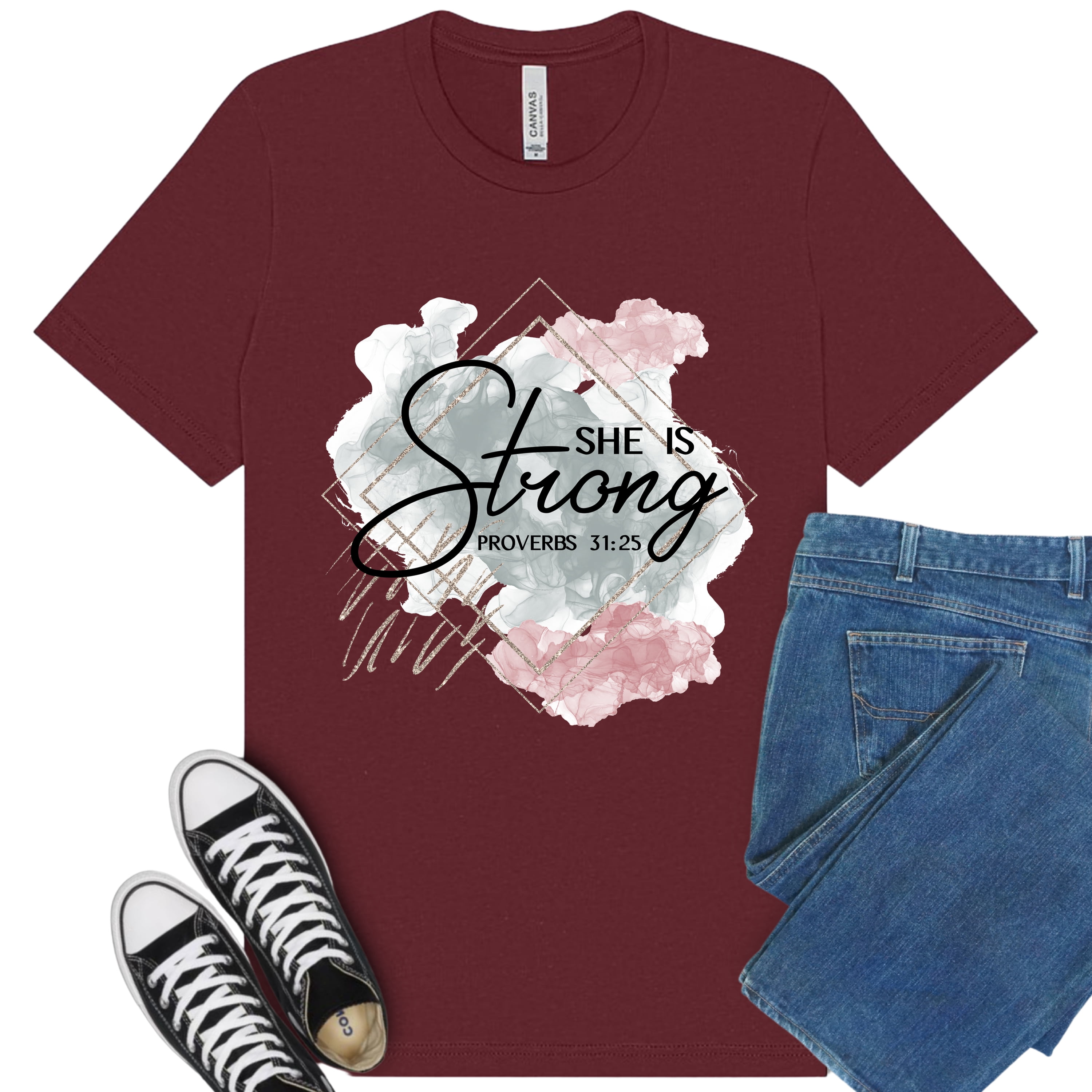 Faith-Based Premium Shirt for Women - She Is Strong Bible Verse ...
