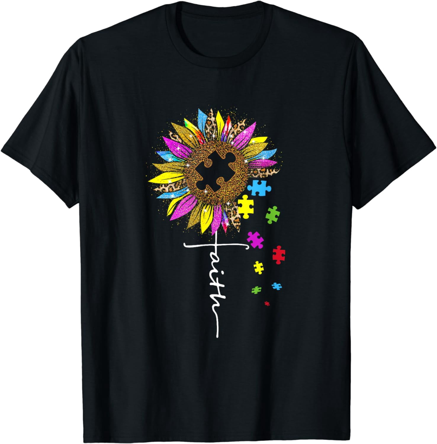 Faith Cross Autism Sunflower Puzzle Pieces Leopard Mom Women T-Shirt ...