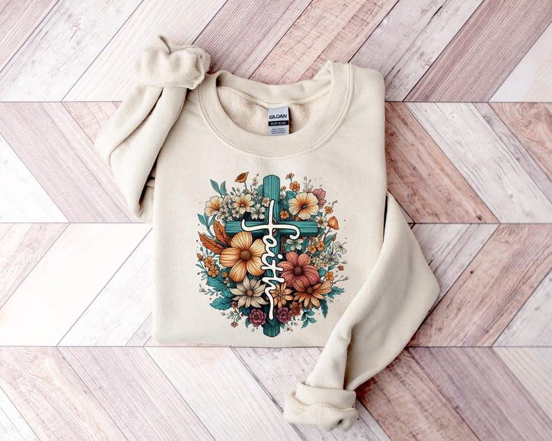 Faith Cross Christian Religious Retro Faith Script Outfit Sweatshirt ...