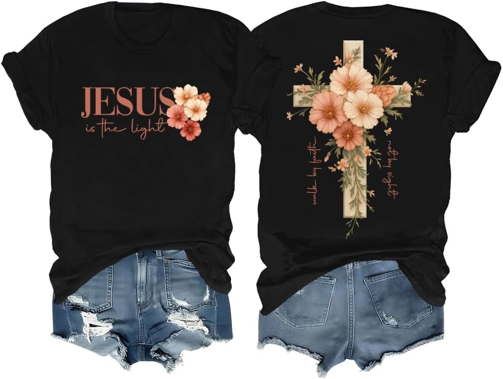 Faith Cross Christian Shirts for Women with Floral Cross Print, Womens ...