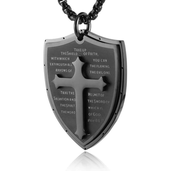 Faith Cross Shield Armor of God Necklace | Ephesians 6:16-17 Scripture, Stainless Steel Pendant ...