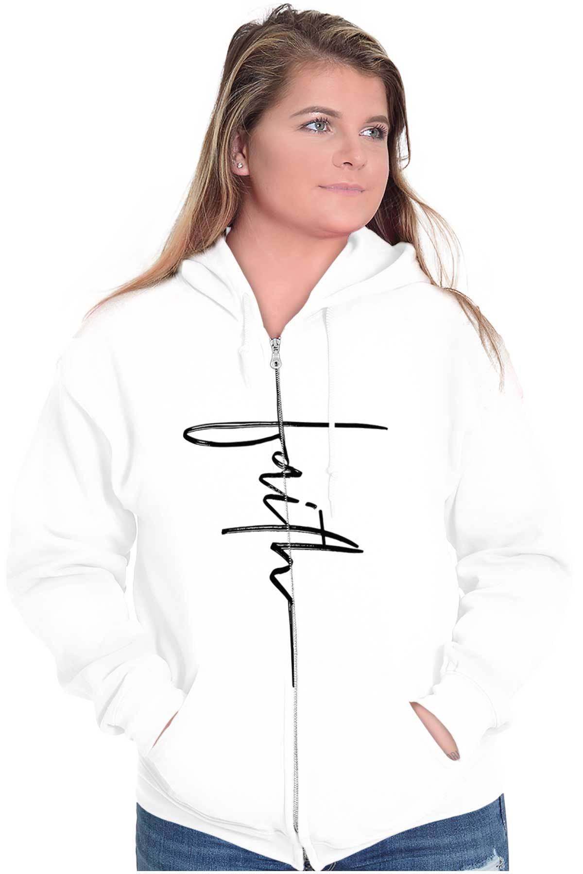 Faith Cursive Print Christian Zip Hoodie Sweatshirt Women Brisco Brands ...