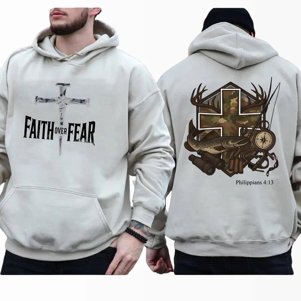 Faith Over Fear Christian Double Sided Hoodie – Camo Cross & Fishing ...