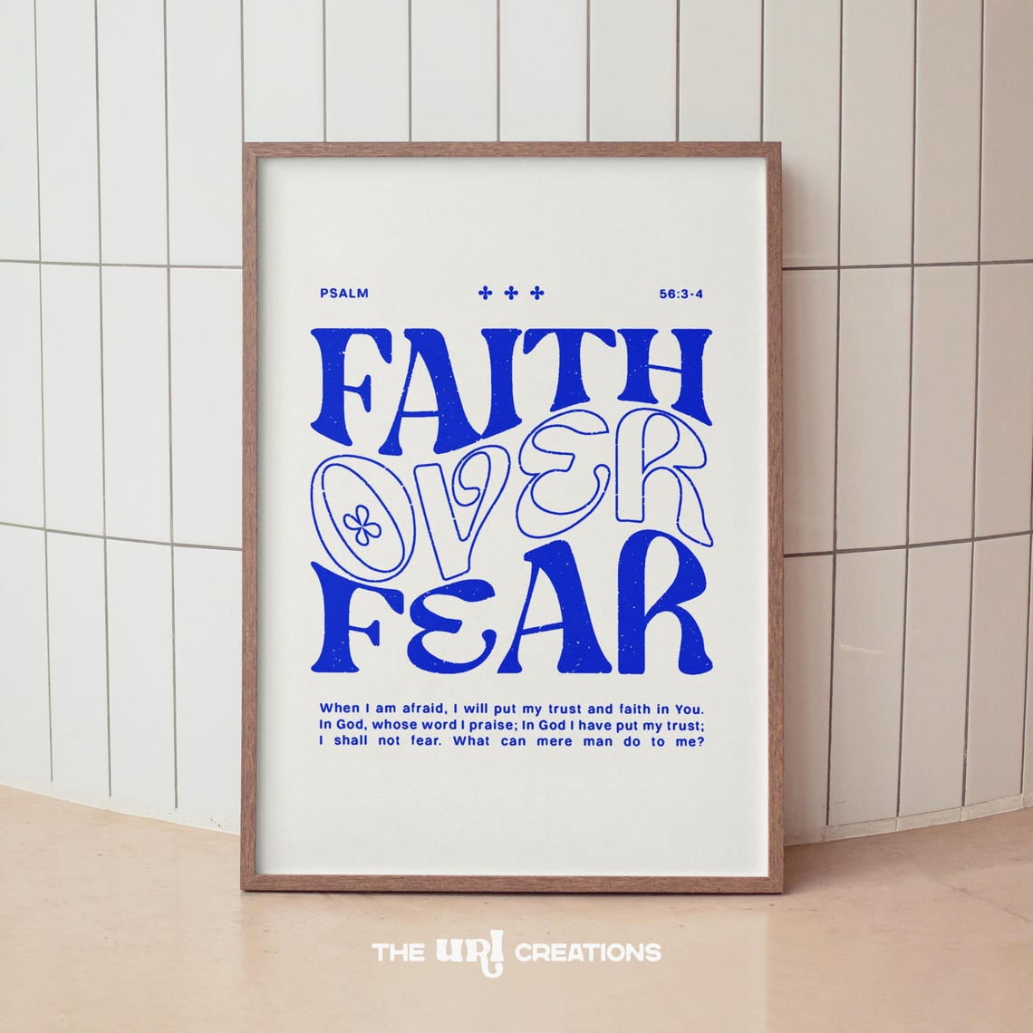 Faith Over Fear Print, Modern Christian Art Navy Blue, Retro Bible ...