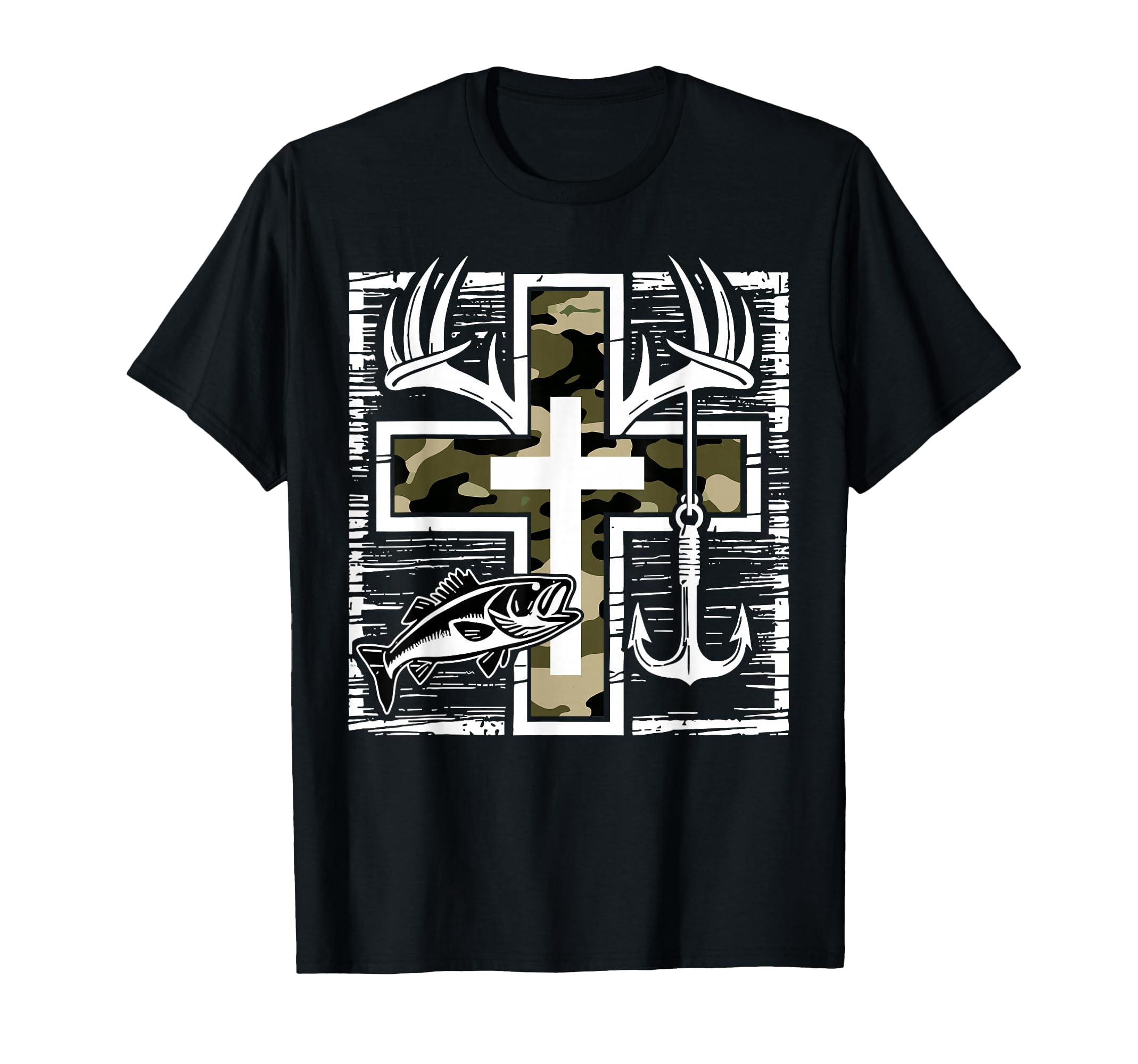 Faith Fishing Hunting Camo Cross with Hook and Bass Graphic T-Shirt for ...